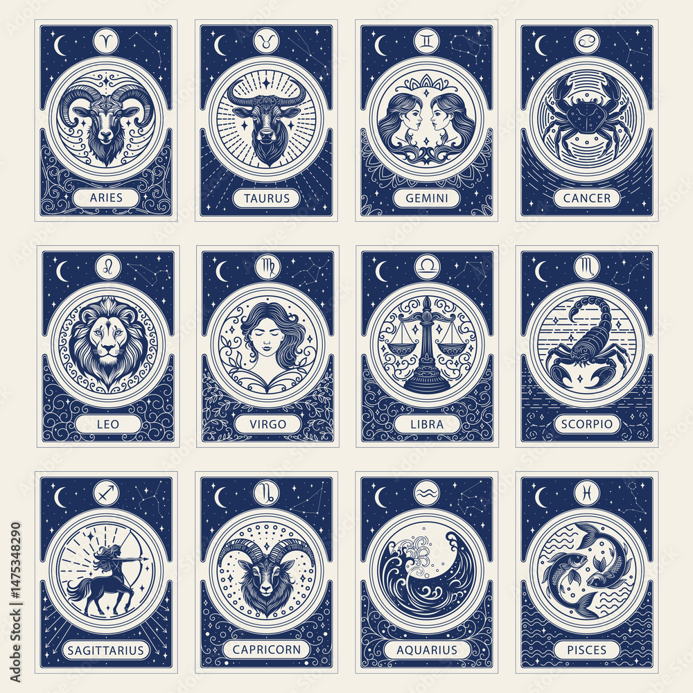 Zodiac vector cards. Astrology symbols. Tarot cards vector clipart ...