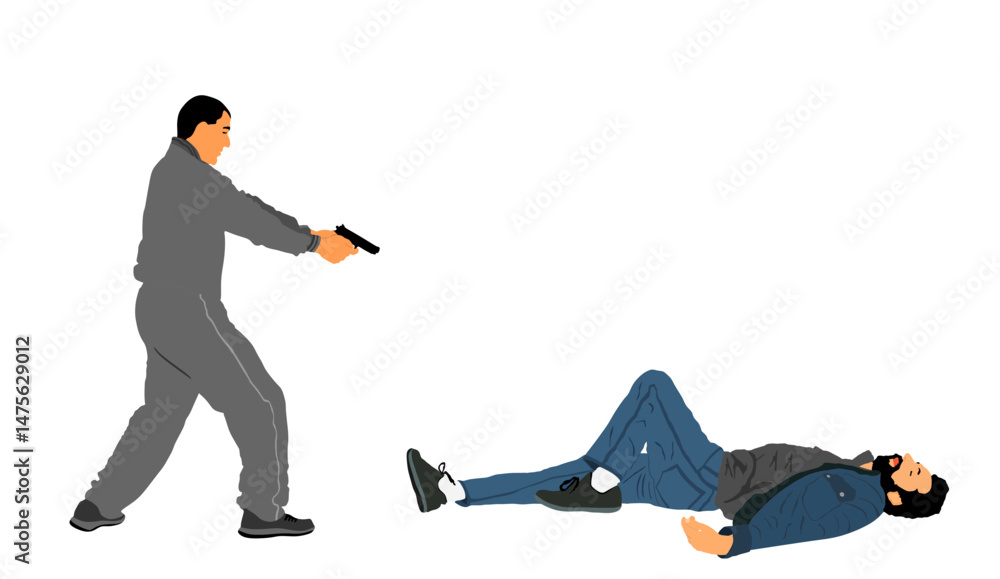 Man with gun aims shooting at enemy injured boy lie down vector ...