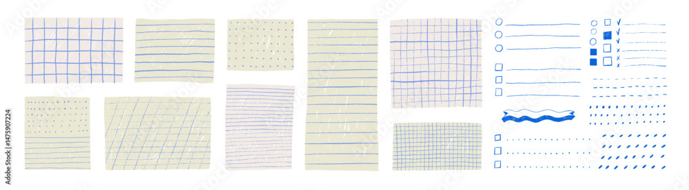 Cute vintage paper stickers for notes with hand drawn grids, lines and ...