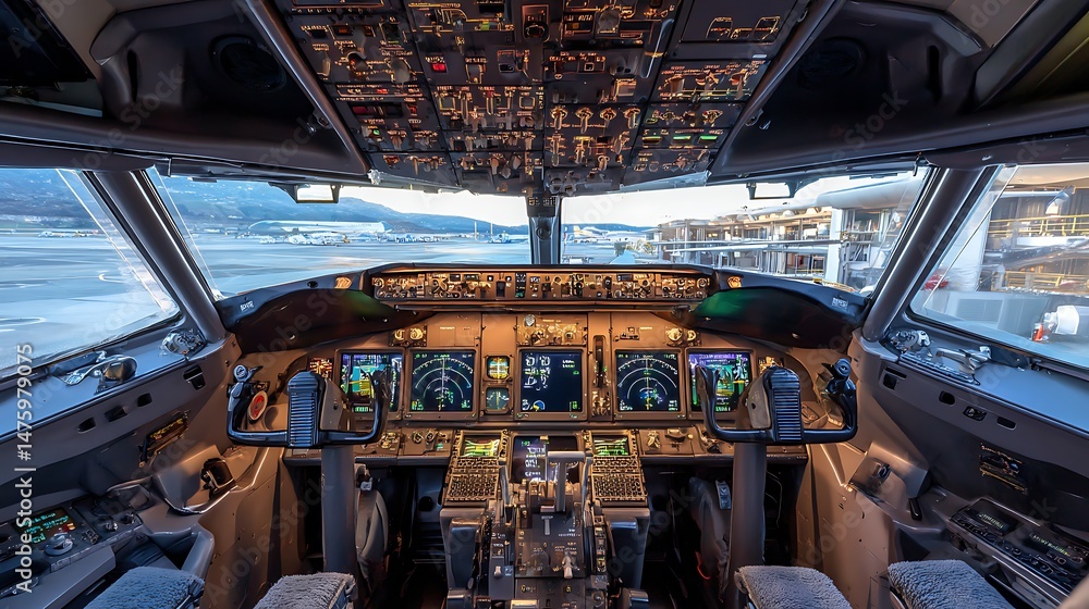 Cockpit of a large commercial airplane a cockpit trainer, commercial ...