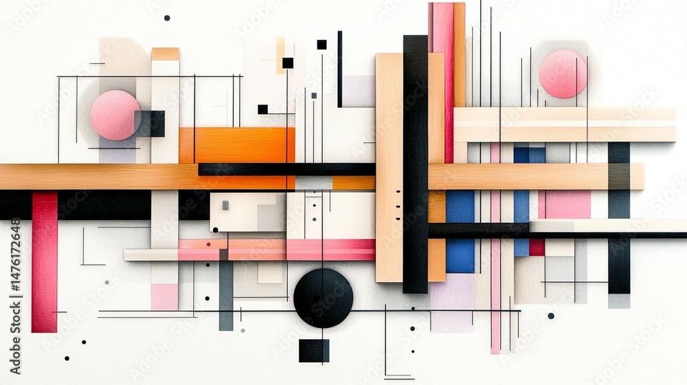 Abstract composition of geometric shapes in various colors and sizes ...