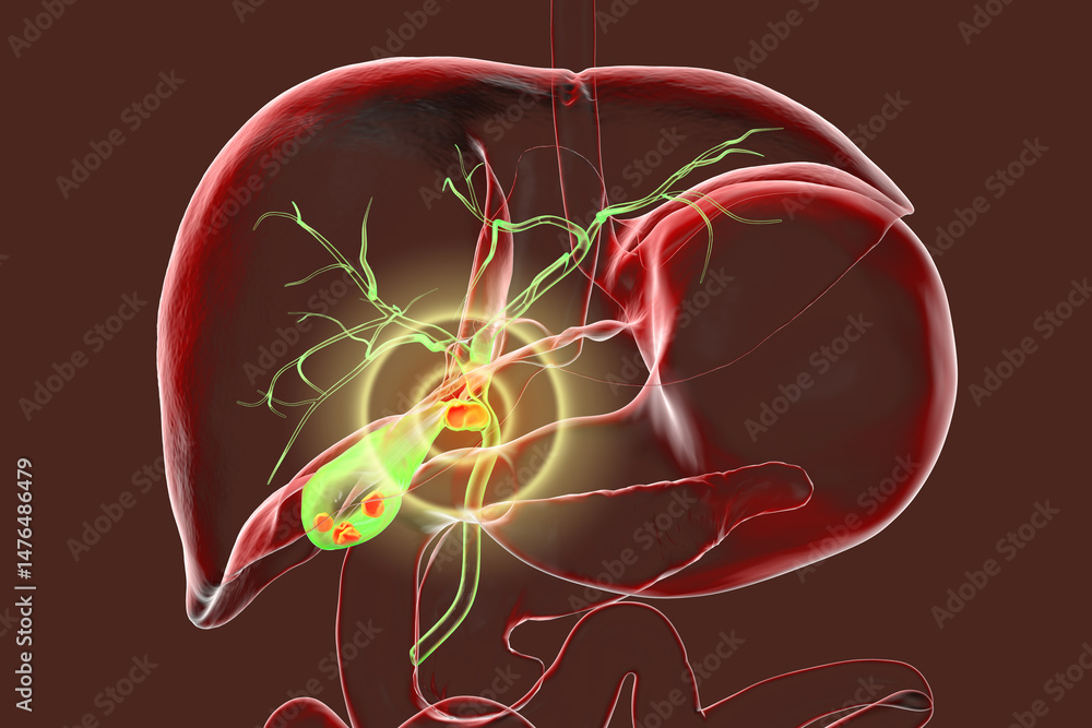 Mirizzi syndrome, 3D illustration showing compression of the common ...