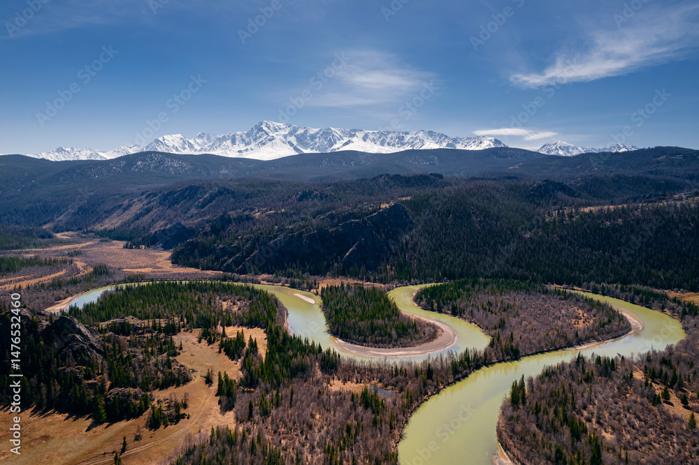 Aerial photo landscape winding river Chui meanders in mountains, forest ...