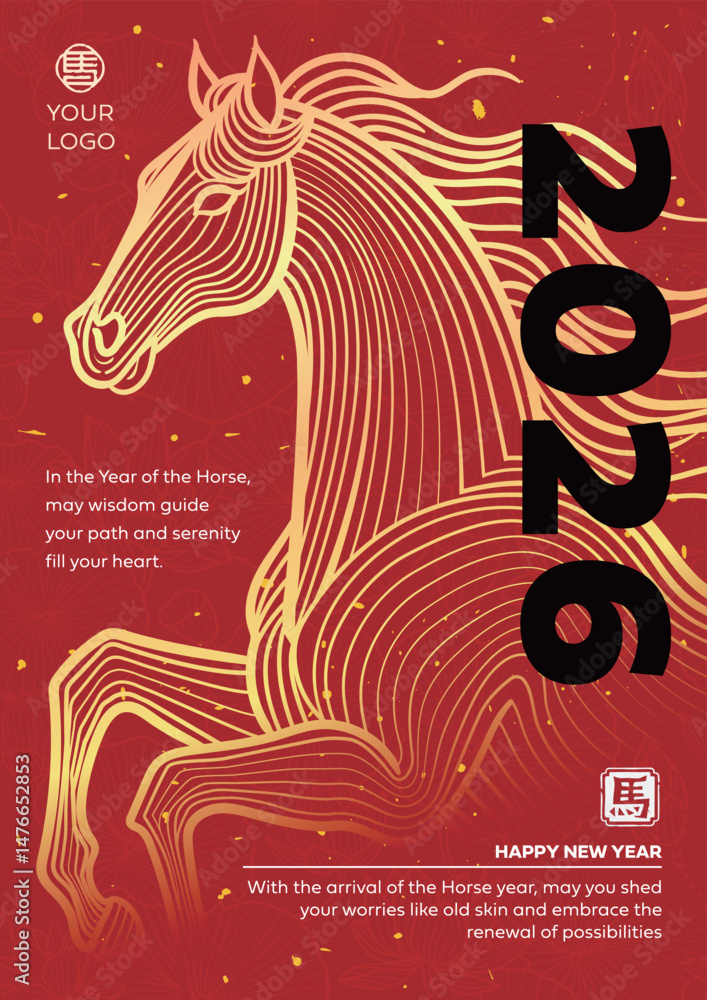 Chinese New Year of the Horse 2026 modern design in red, gold colors ...