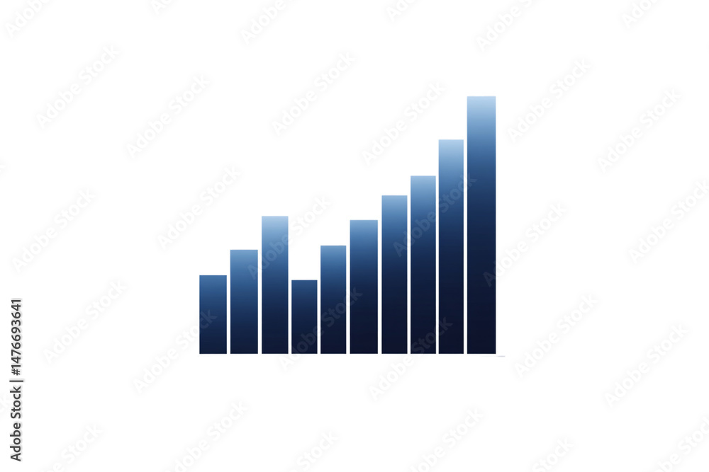 Glossy 3D bar chart rising steadily, dark blue gradient representing ...