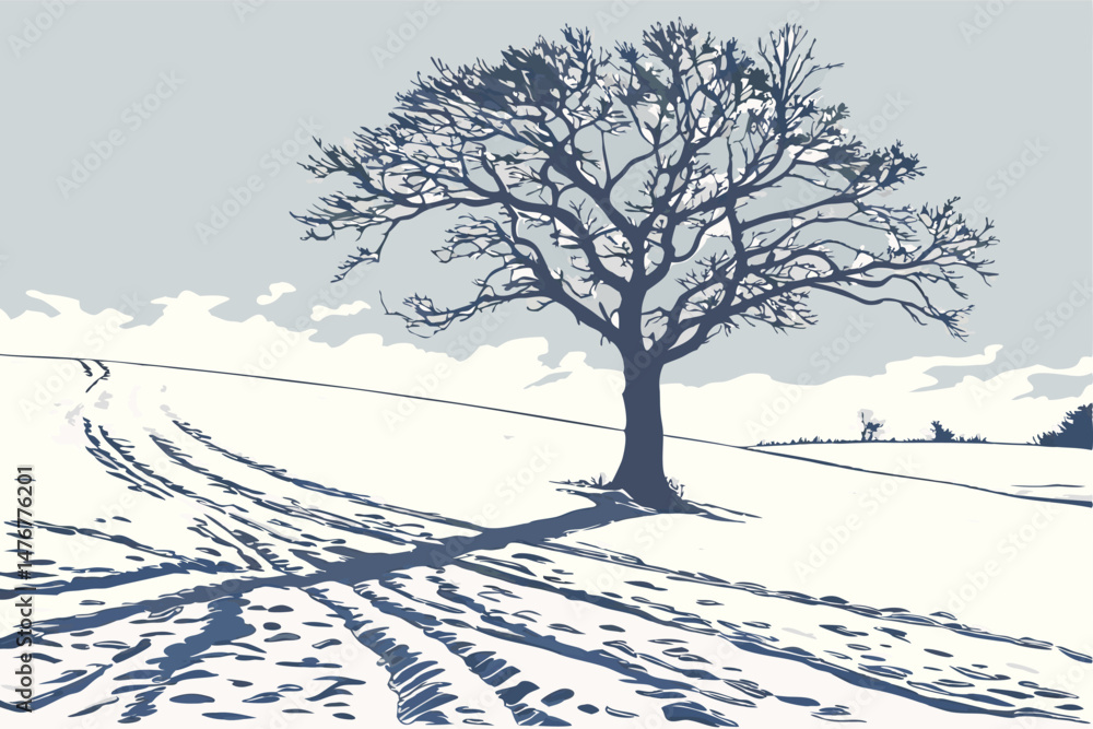 129 detailed winter landscape with a lone tree on a snowy field ...