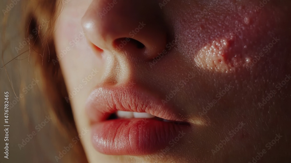 acne on woman face with rash skin, scar, and red skin syndrome allergic ...