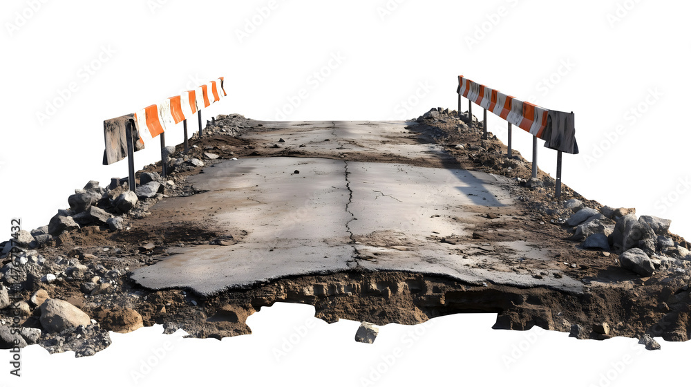 broken asphalt road with barricades and debris isolated png transparent ...