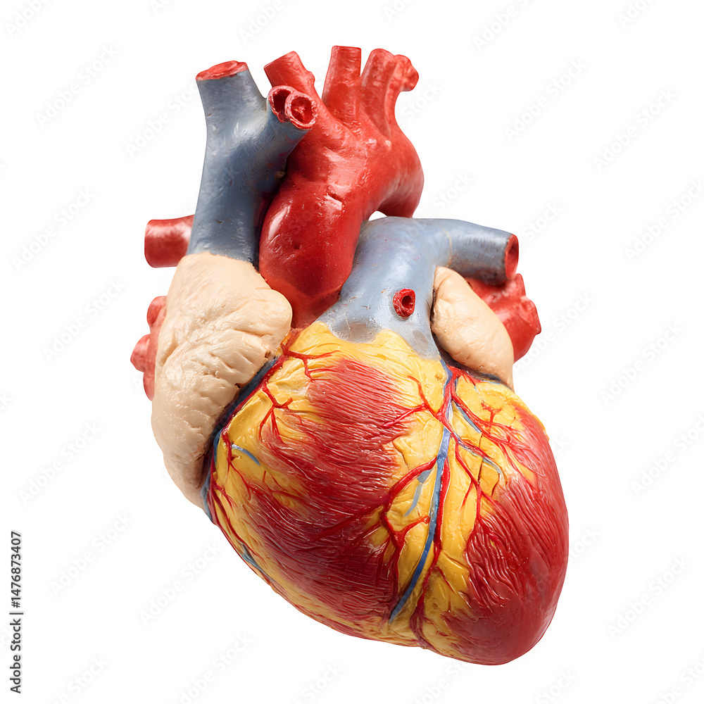 Anatomical model of a human heart showing the ventricles atria and ...