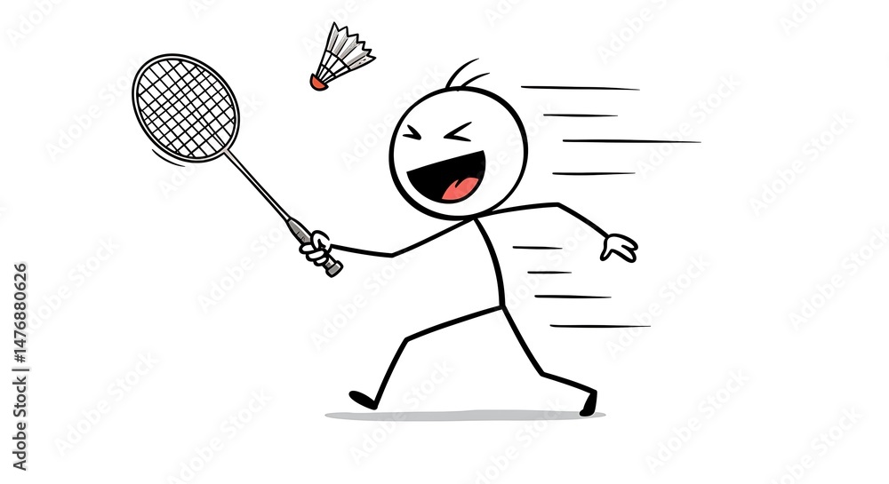 Animated stick figure passionately playing badminton with energetic ...