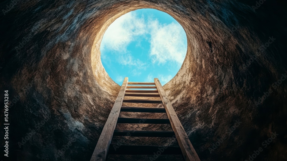 Foto de Stock Wooden ladder leading to a circular opening in a dark ...