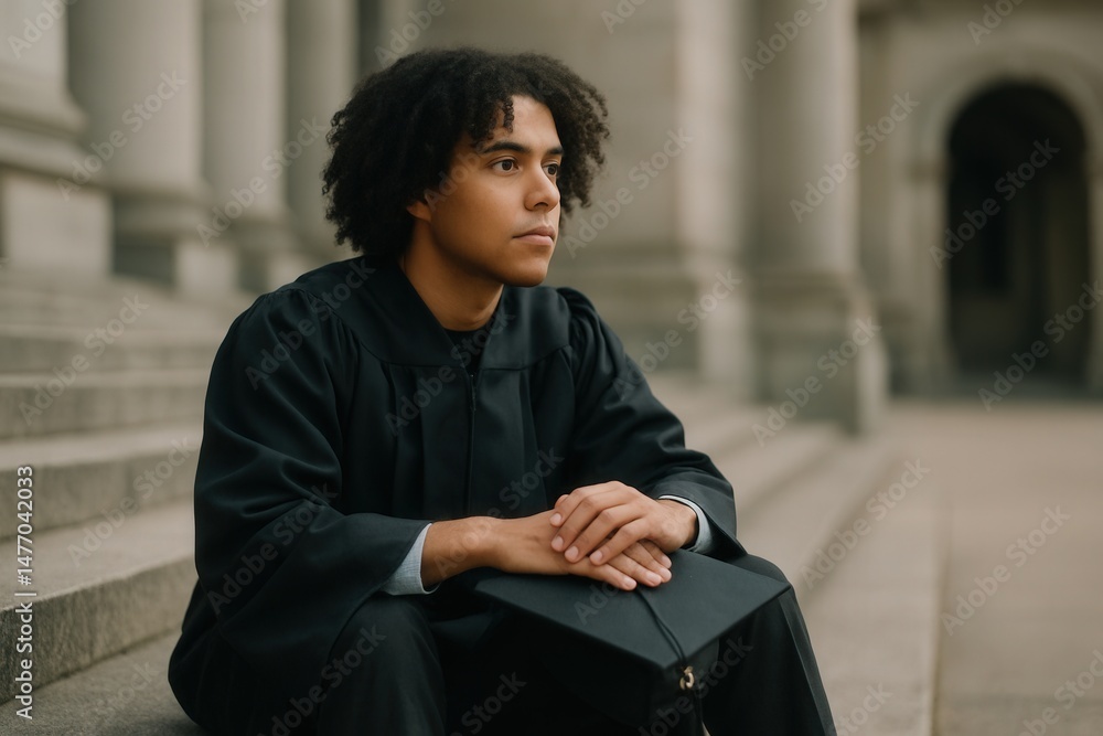 Young graduate reflecting on future while sitting on historic stone ...
