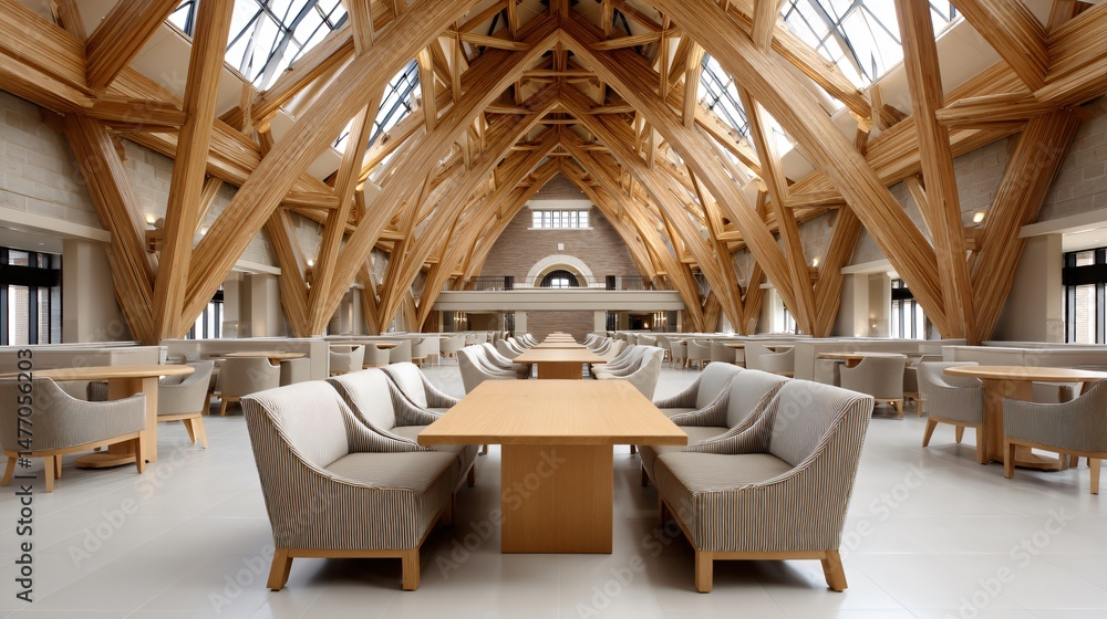 State-of-the-art library with vaulted timber roof supported by ...