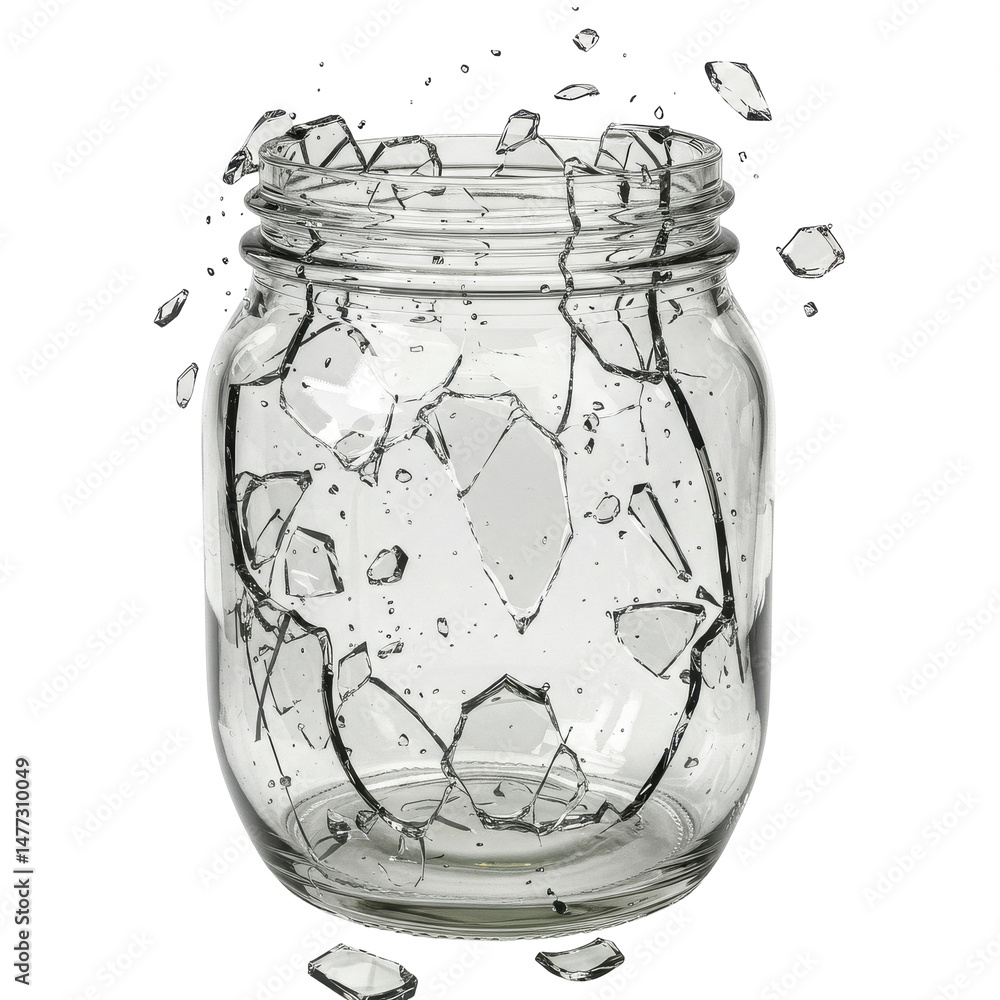 Shattered glass jar. Fragments fly around, creating a dynamic and ...