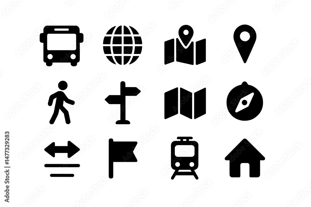 Vector icon set featuring transportation symbols, navigation tools, and ...