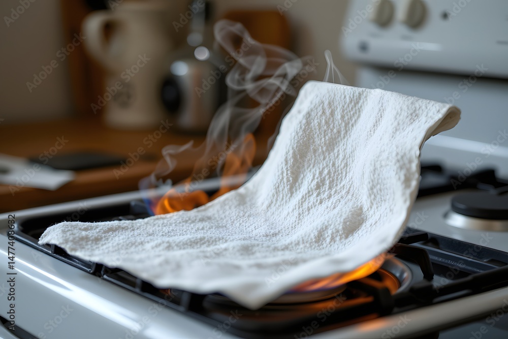 Burning Danger: A kitchen scene unfolds as a paper towel ignites on a ...