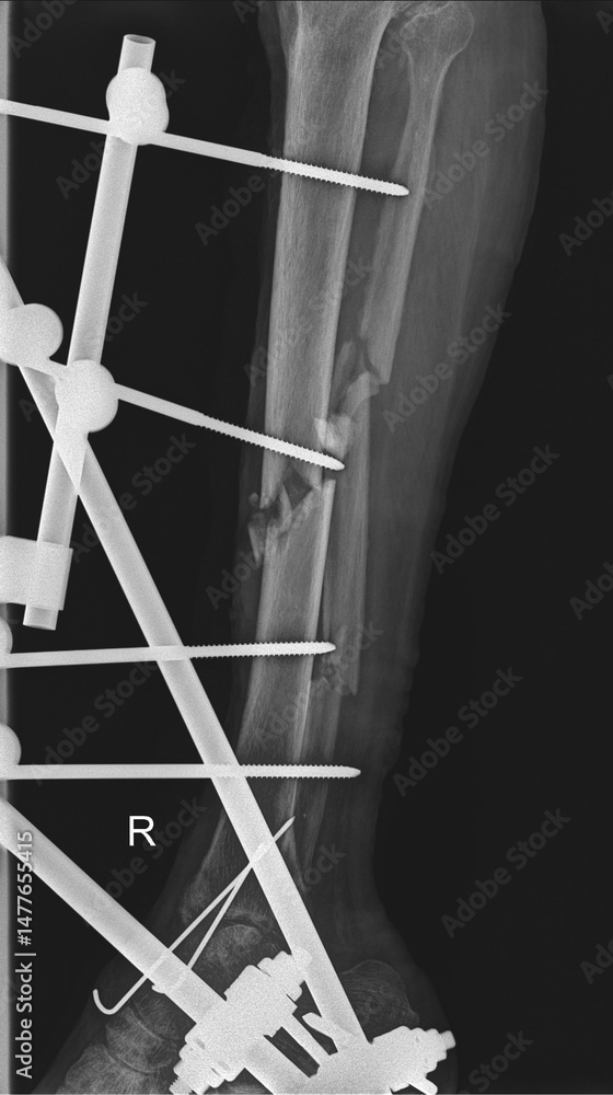 X-ray image shows a comminuted fracture of the right tibia and fibula ...