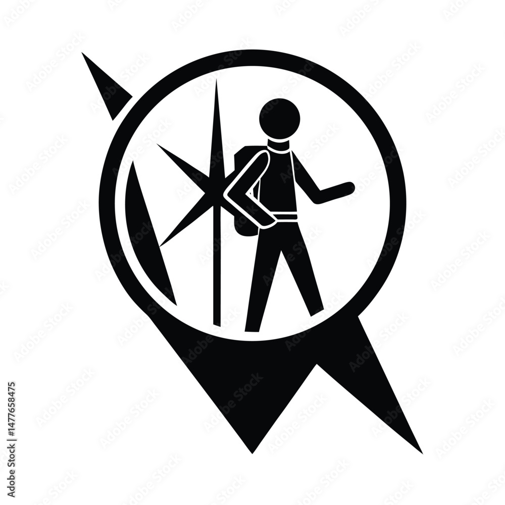Black and white hiking adventure symbol depicting a hiker within a ...