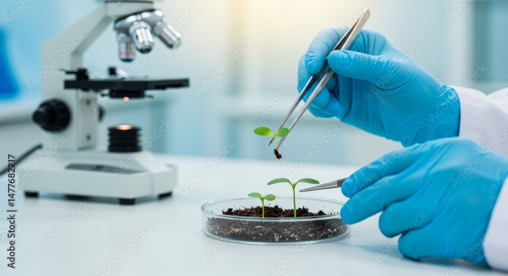 Laboratory Plant Research: Examining Seedlings Under Microscope Stock ...