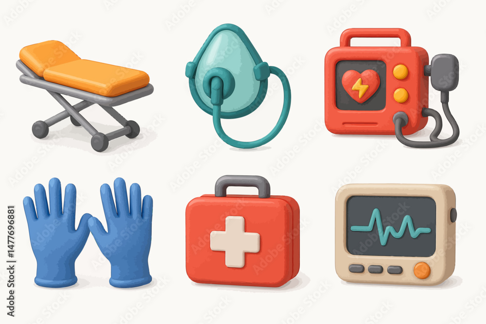 3D Medical Equipment Icons for Emergency Care vector Stock Vector ...