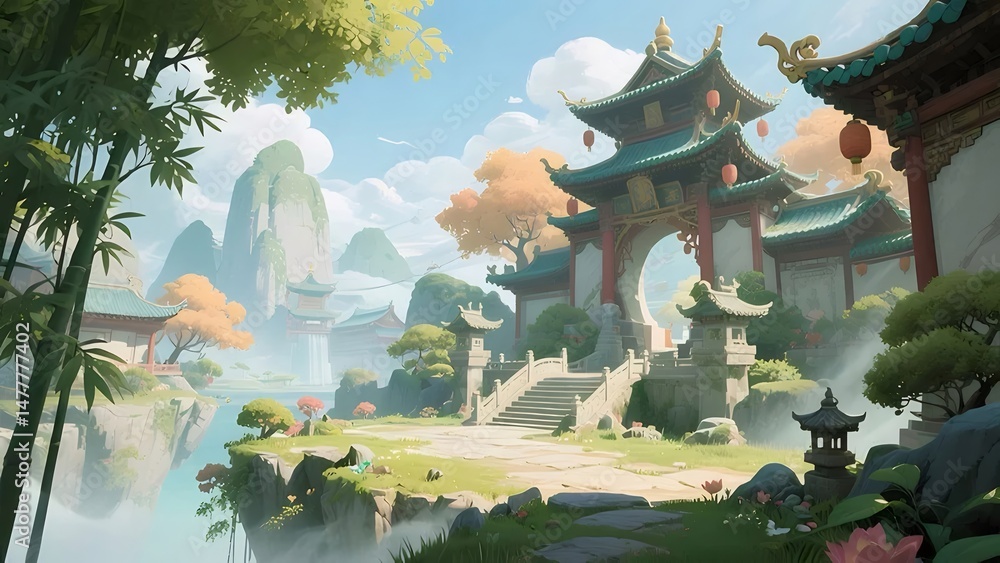 Pixel Art Depicting Traditional Chinese Architecture with Pagoda Style ...