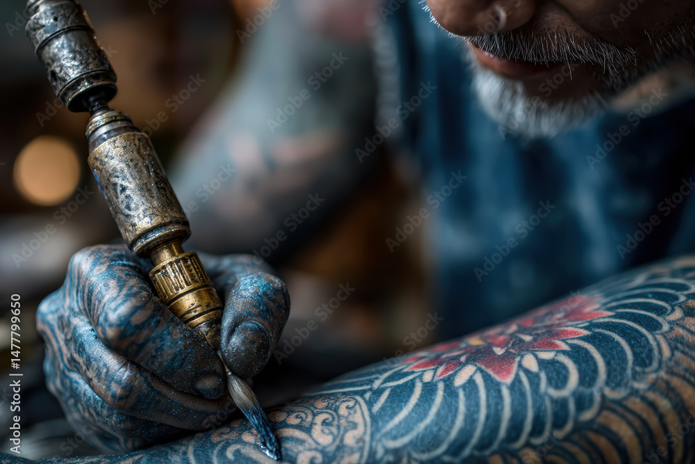 ภาพถ่าย Stock Professional tattoo artist using a tattoo machine on a ...