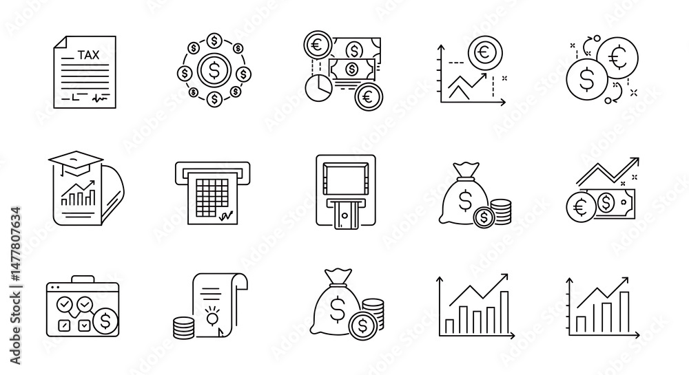 Collection of financial linear icons including taxes, investments, and ...