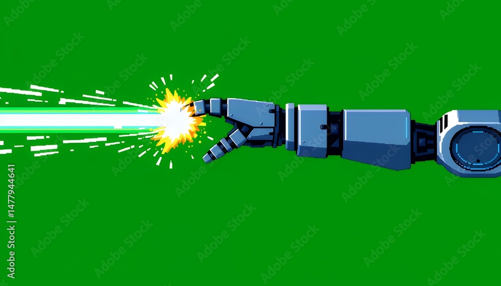 Robot Arm Firing Laser Beam Isolated on Green Screen in Pixel Art Style ...