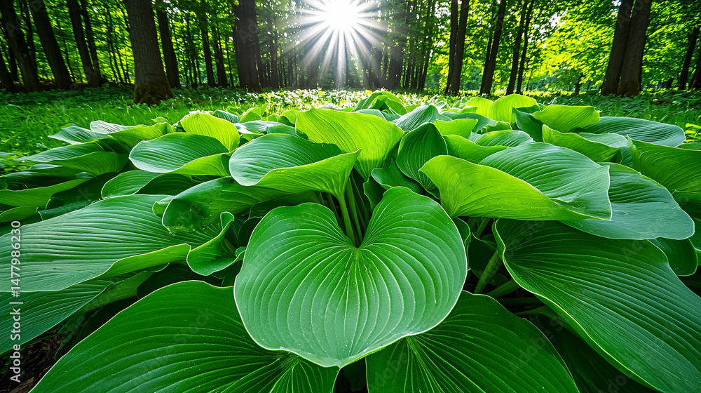 Lush green hosta plants fill the foreground as the sunburst shines ...