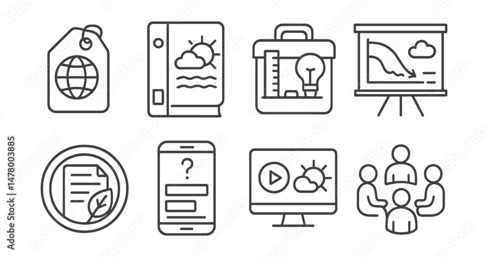 Line style icons of climate literacy education: climate change glossary ...