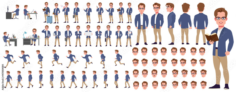 Man Character design. Front, side, back view and explainer animation ...