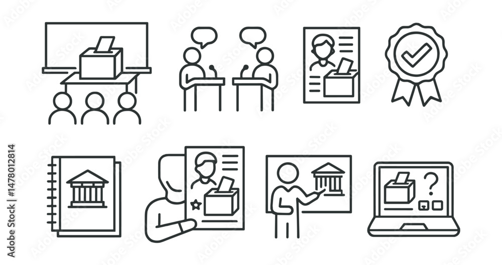 Line style icons of youth and civic education: classroom ballot icon ...