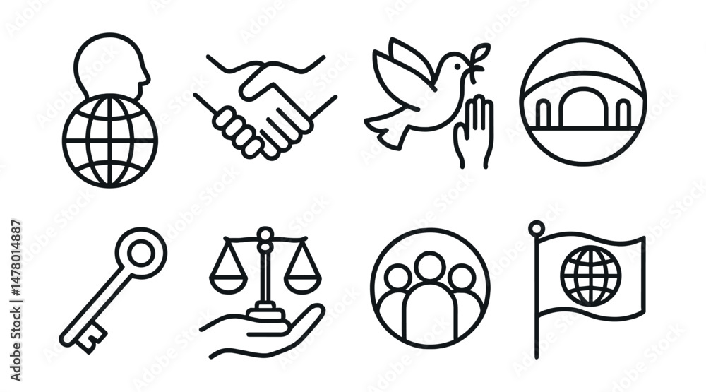 Line style icons of universal values and solidarity: human dignity ...