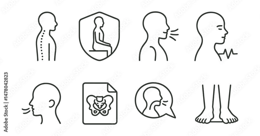 Line style icons of breath and posture: upright spine icon, seated ...