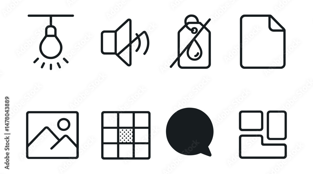 Line style icons of sensory-friendly spaces: low light icon, sound ...