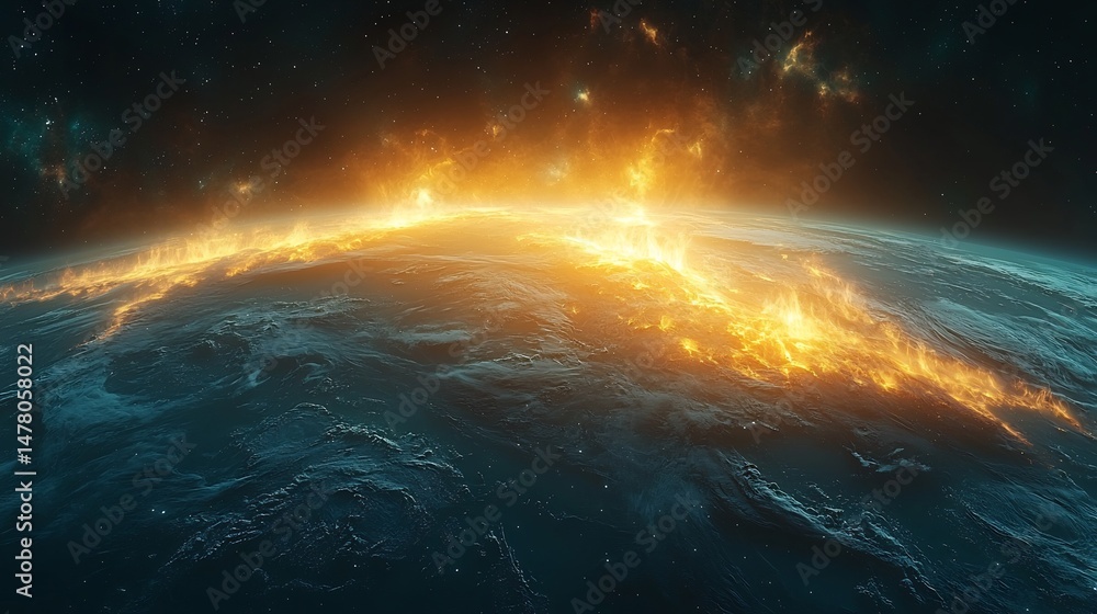 Glowing representation of Earth with atmospheric currents ocean waves ...