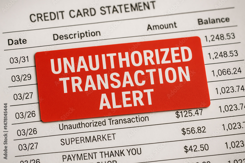 A close-up of a credit card statement highlighting an unauthorized ...