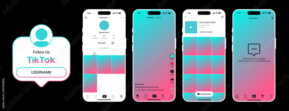 TikTok UI mockup template with follow us label. video player, like ...