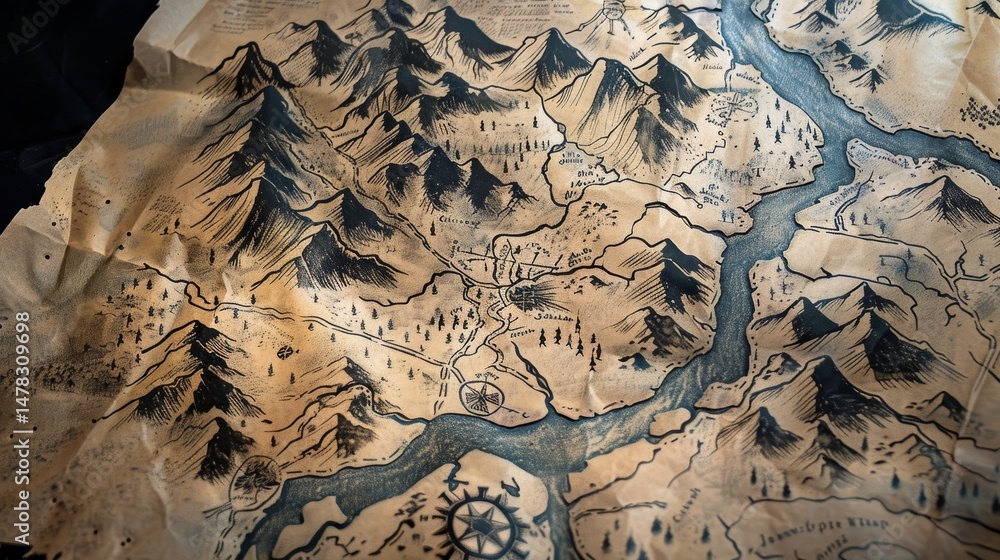 handdrawn trail map with mountains and rivers ink . Stock Illustration ...