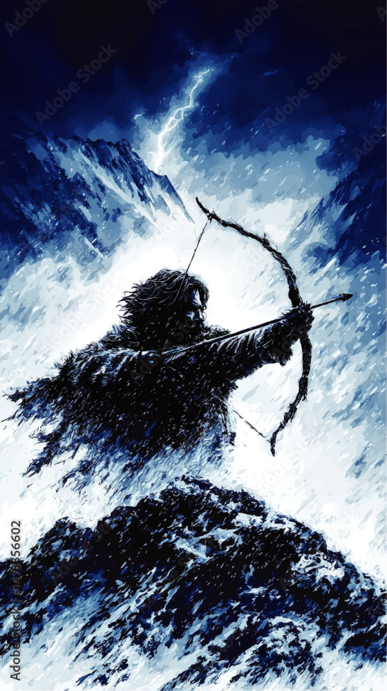 Epic Fantasy Archer Warrior Aiming Bow in Stormy Snowy Mountain Weather ...