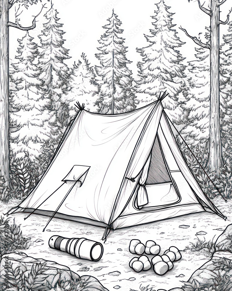 Simple camping scene in a forest. A tent, woods, and gear Stock ...