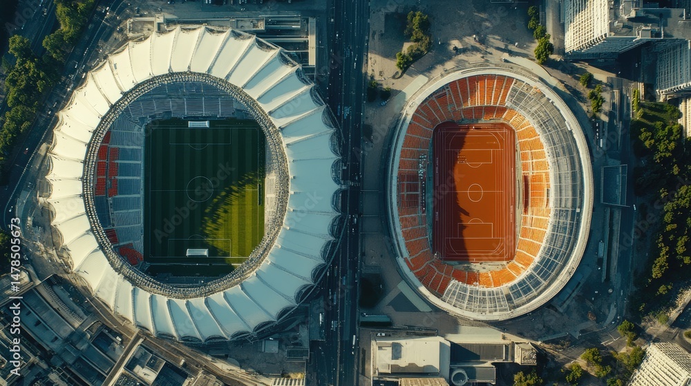 Aerial shot of dual stadiums side by side, one open-air and one domed ...