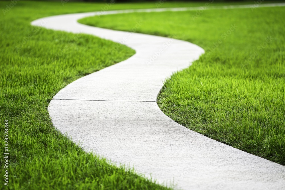Winding Concrete Path Through Lush Green Lawn Serene Landscape ...