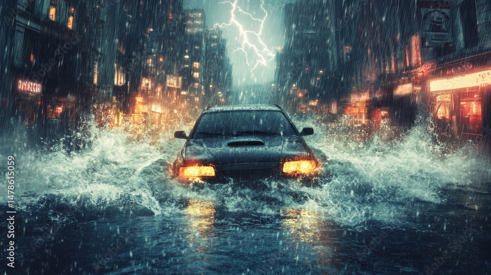 Car swamped by flood on the street collage art. Vehicle stuck on ...