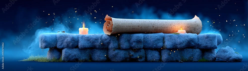 An ancient scroll with mysterious symbols being unrolled on a stone ...