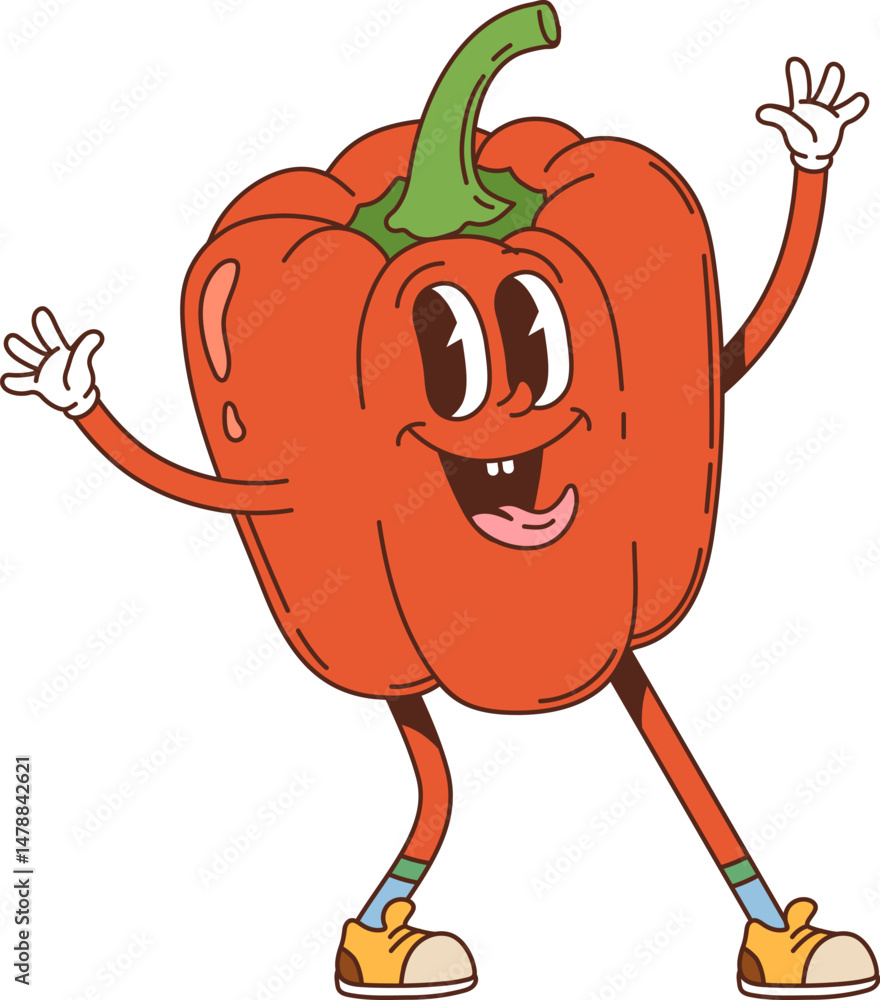 Cartoon groovy pepper vegetable character with funny silly face, vector ...
