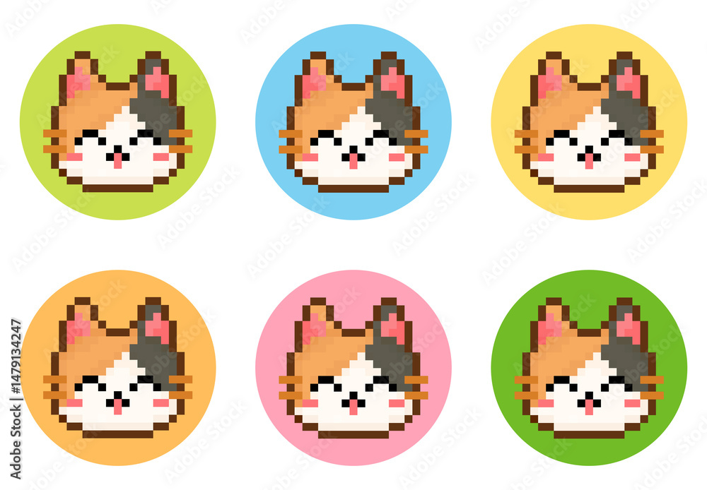 Cat smiley face pixel art icon set. Calico kitty logo stickers ...