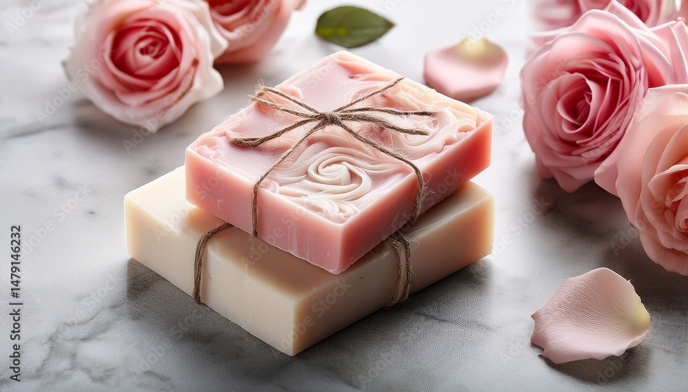 Handmade rose soaps on gray and white marble background with pink rose ...