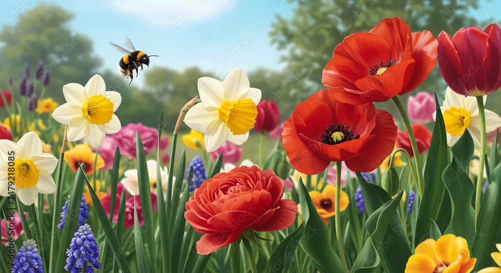Vibrant Spring Meadow: A Bumblebee's Delightful Floral Scene Stock ...