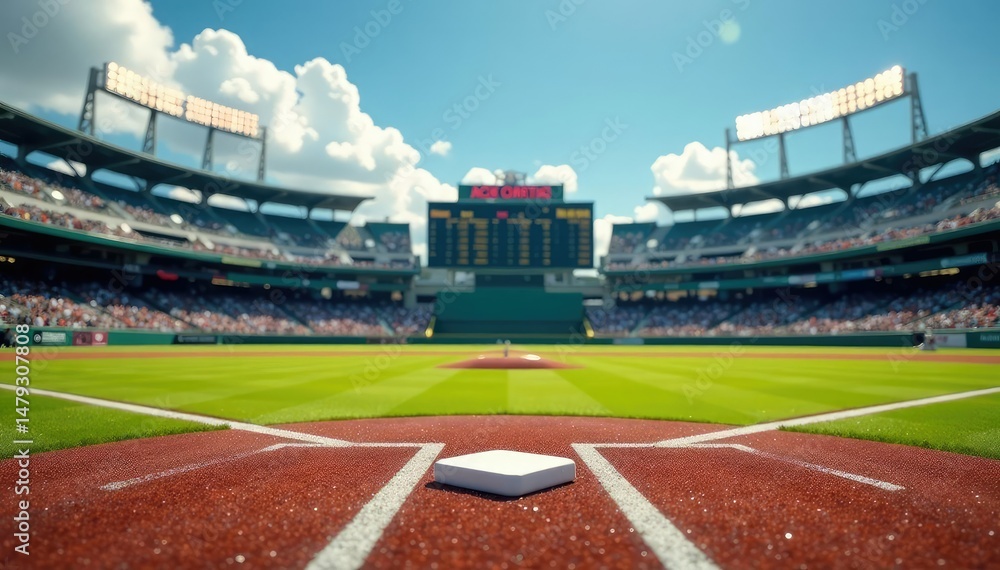 Foto de Stock Baseball field with bases and scoreboard in background ...